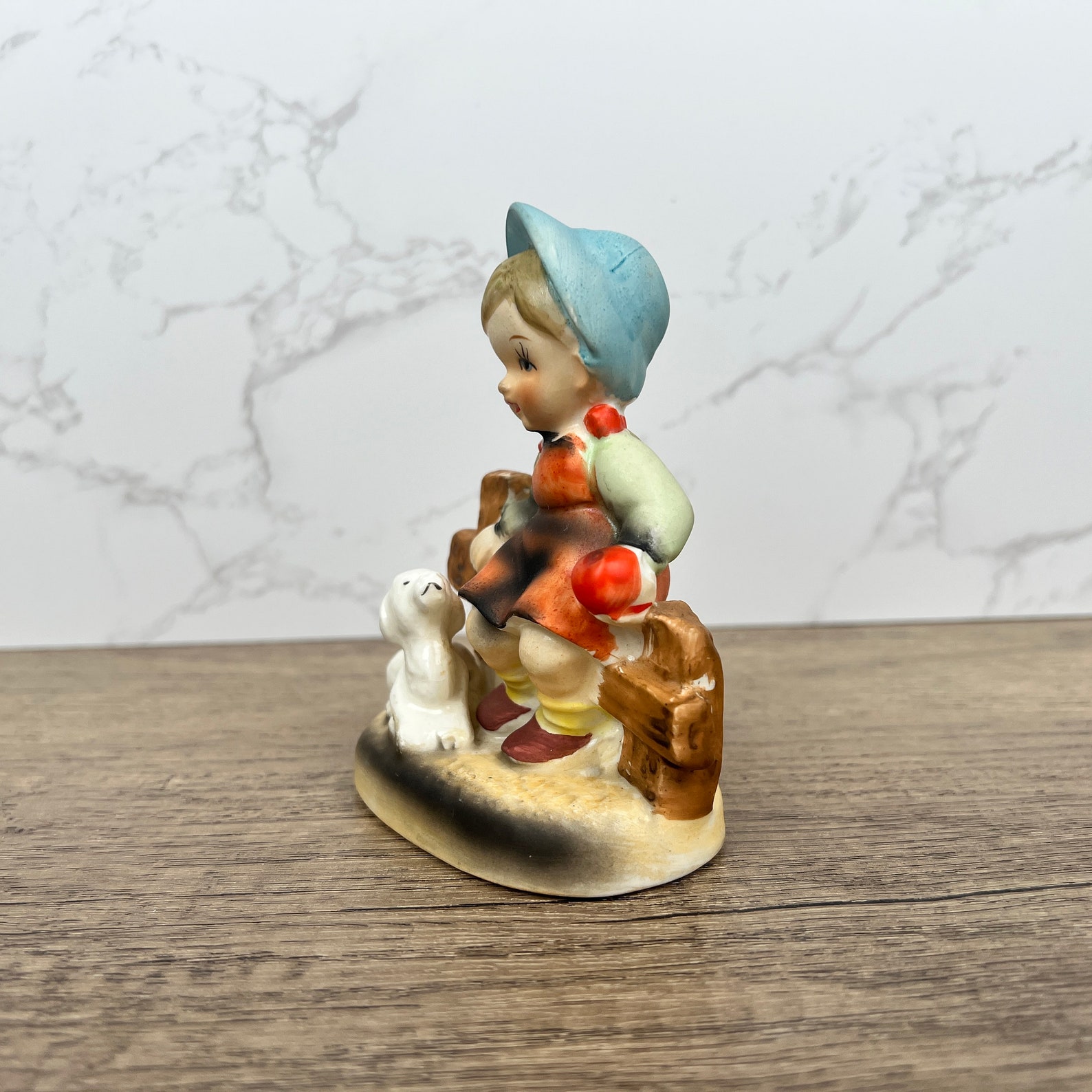 Hummel Style Vintage Girl Figurine, Girl Sitting on Fence With Dog ...