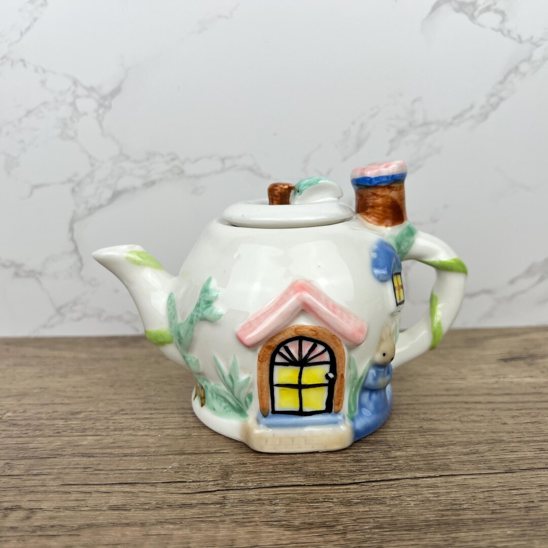 Vintage Porcelain Cottage Teapot, Ceramic Teapot With Rabbit Figurines ...