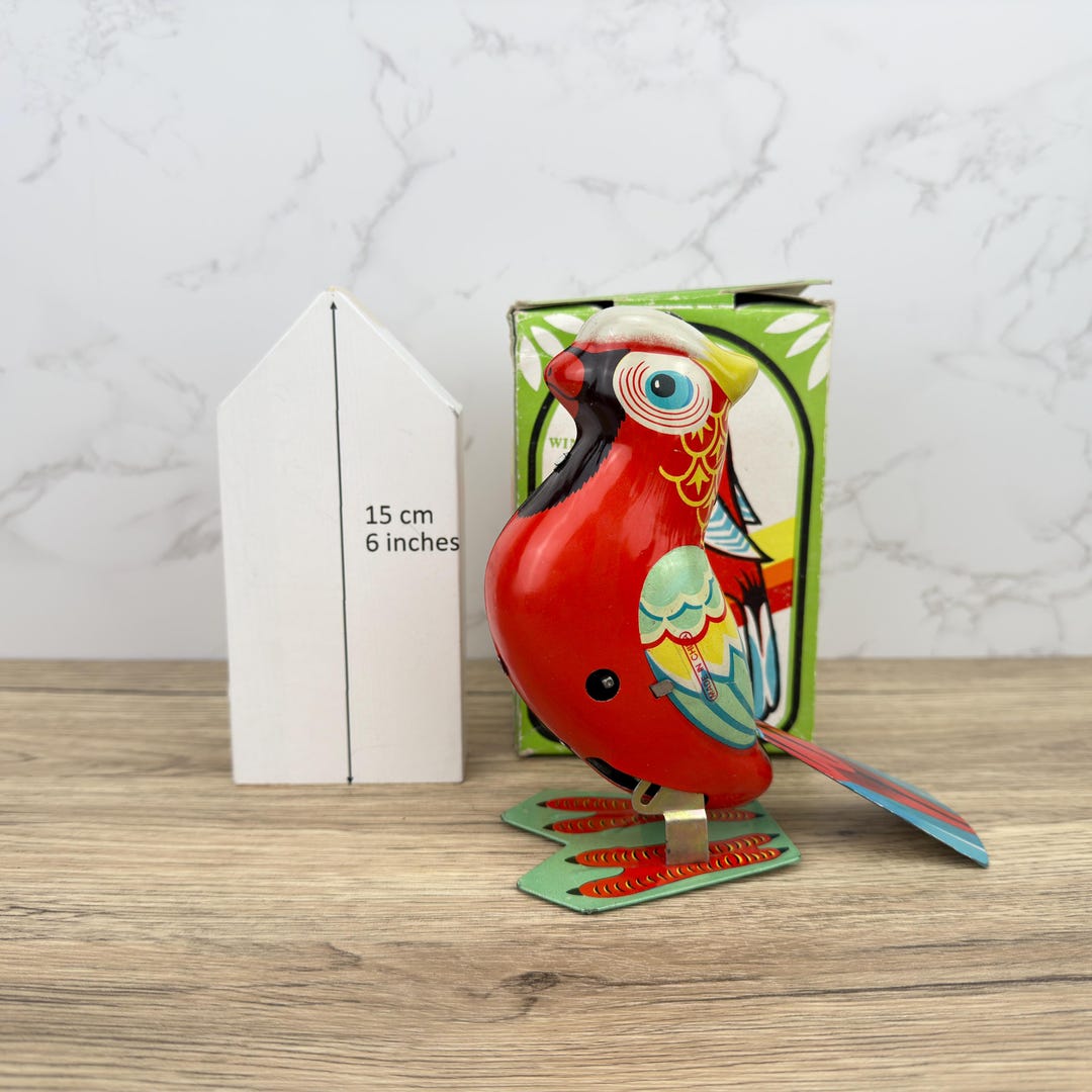 Vintage Tin Toy, Wind up Parrot, Litho Clockwork, Jumping Parrot, Bird ...
