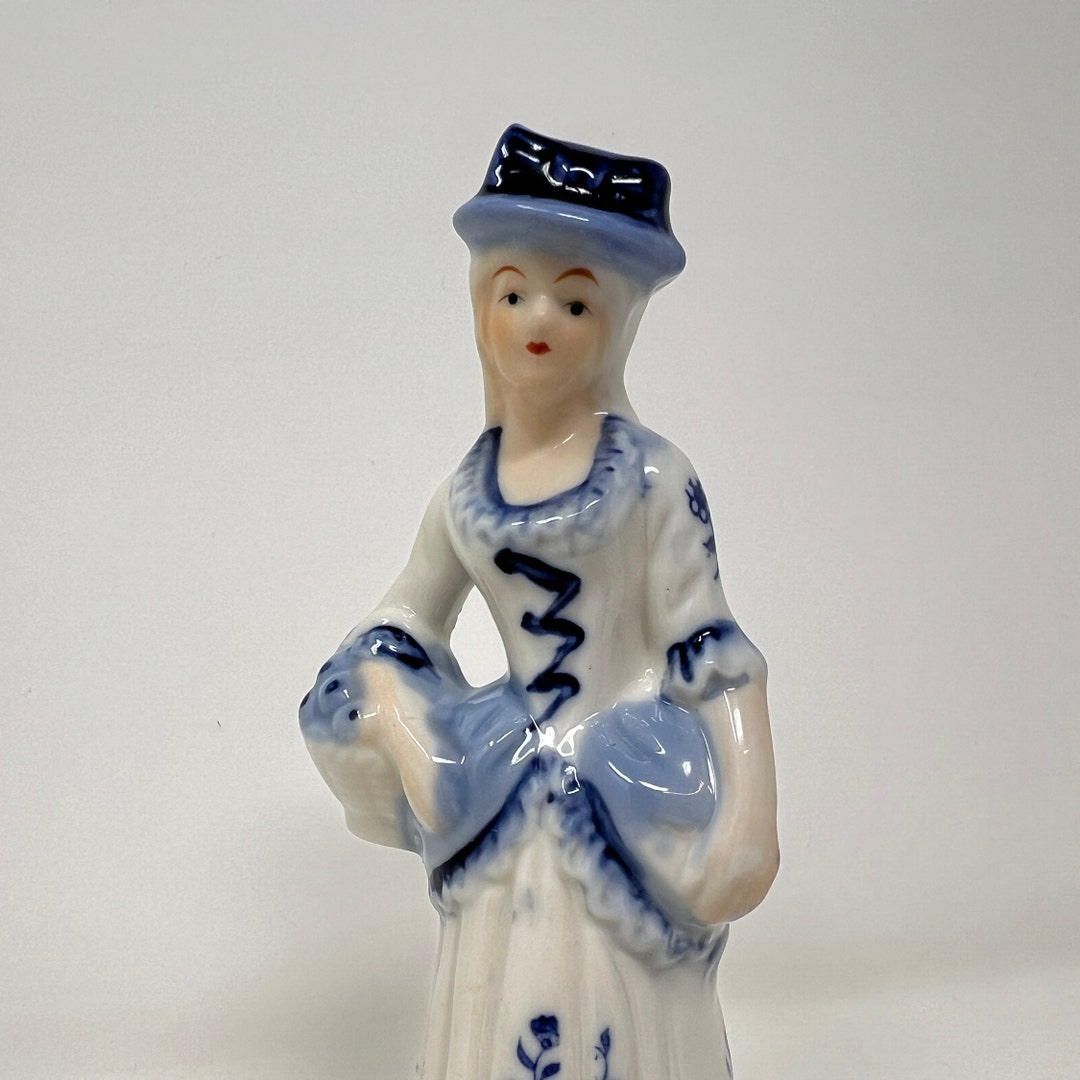 Vintage Blue and White Porcelain Lady Figurine, Hand Painted Bone China ...