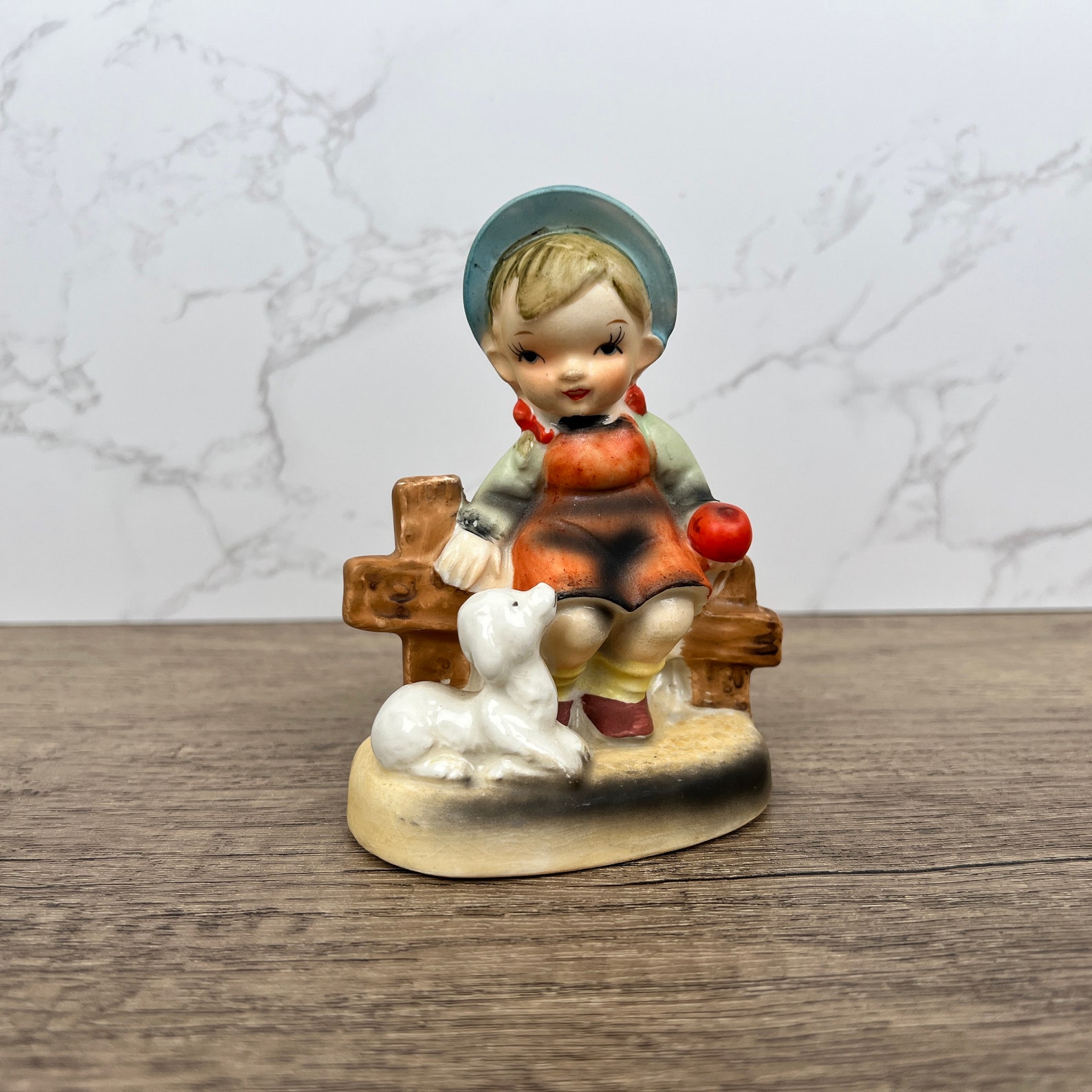 Hummel Style Vintage Girl Figurine, Girl Sitting on Fence With Dog ...