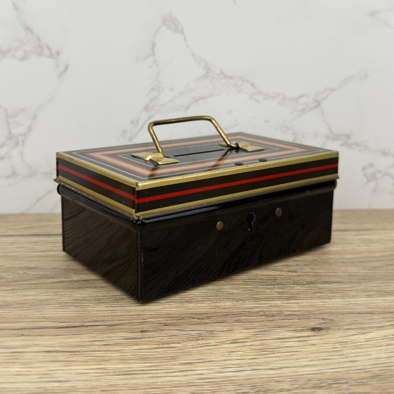 Vintage Chad Valley Metal Money Box – Black Striped Memory Chest (no ...