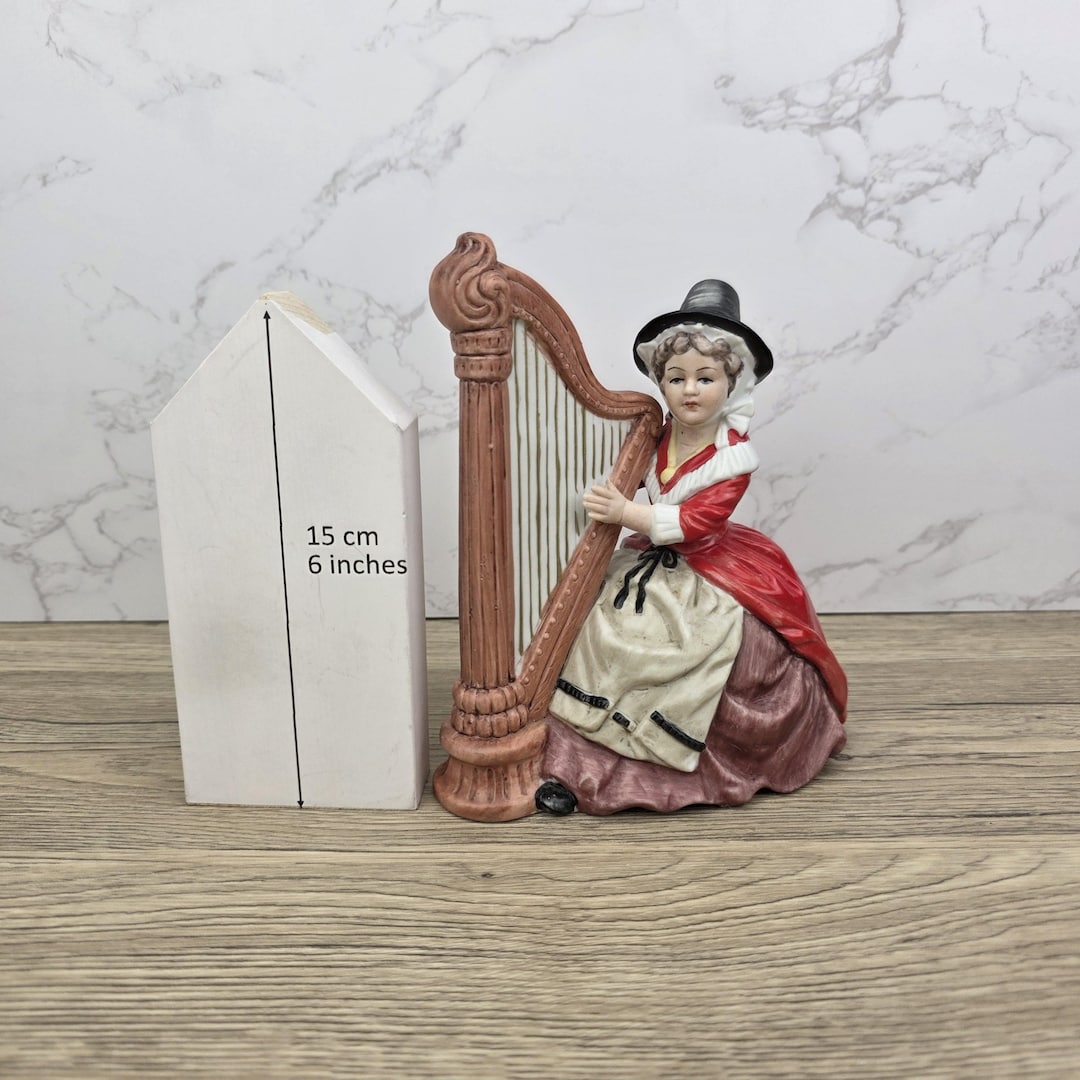 Vintage Harp Player Lady Figurine | Ceramic Music Box | Hand-painted ...