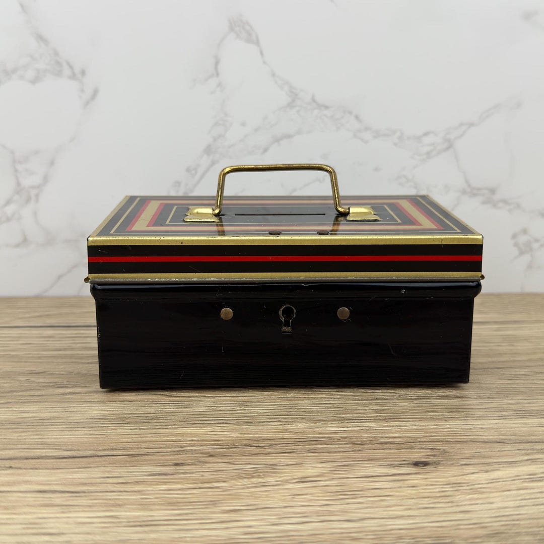 Vintage Chad Valley Metal Money Box – Black Striped Memory Chest (no ...