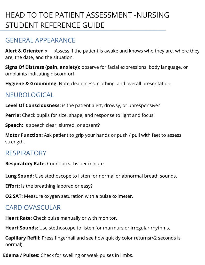 Nursing Assessment Checklist & Guide: Clinical Cheat Sheet (PDF Download, Canva Editable) - Etsy