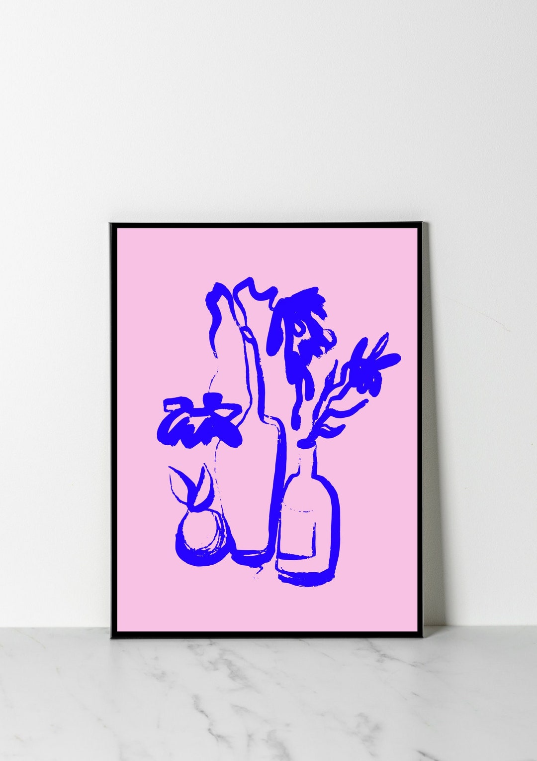 Picasso Inspired Blue Flowers and Oranges in Bottles Pastel Pink ...