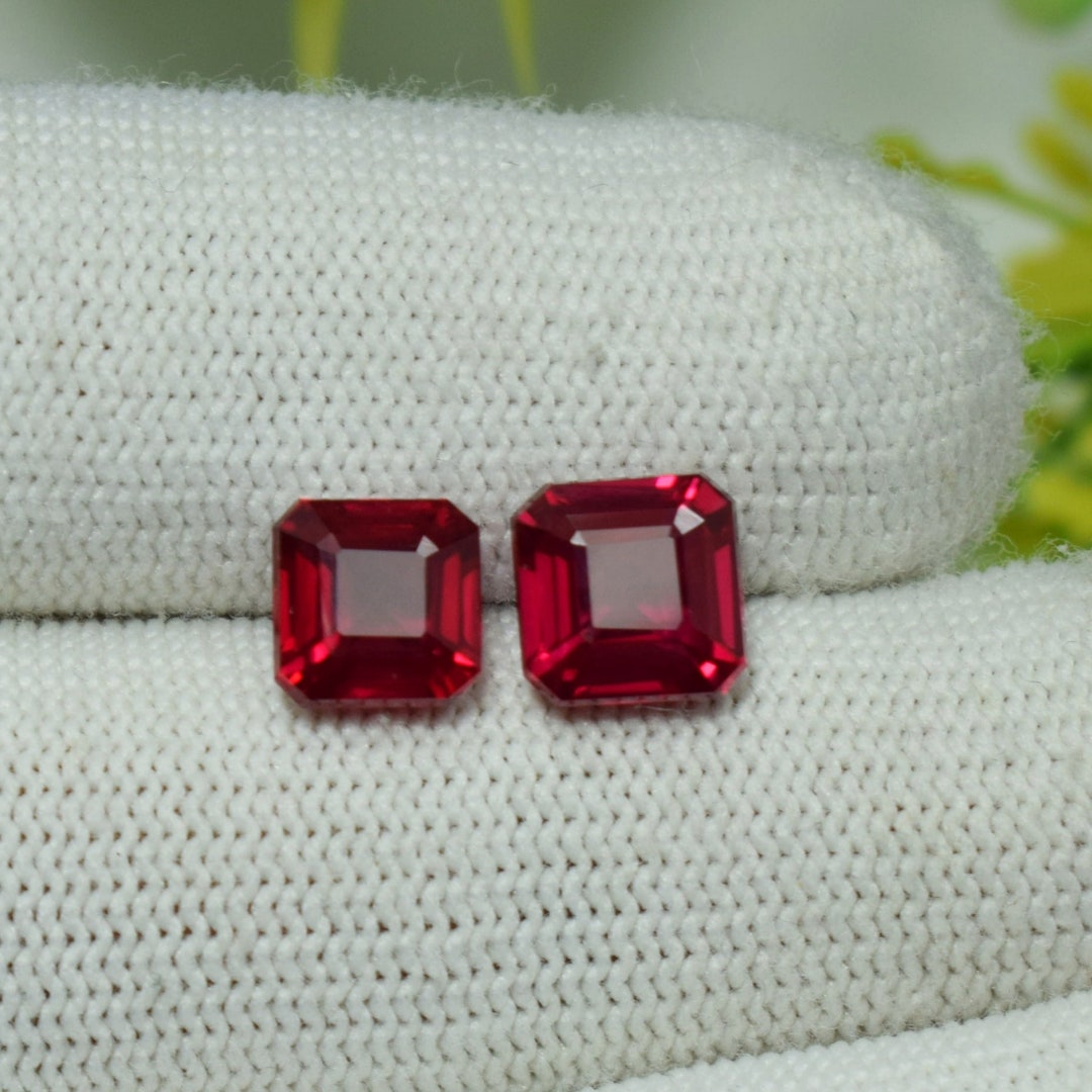Lab Created 6.30 Ct 2 Pcs Red Ruby Square Shape Pair, for Ring& Jewelry ...
