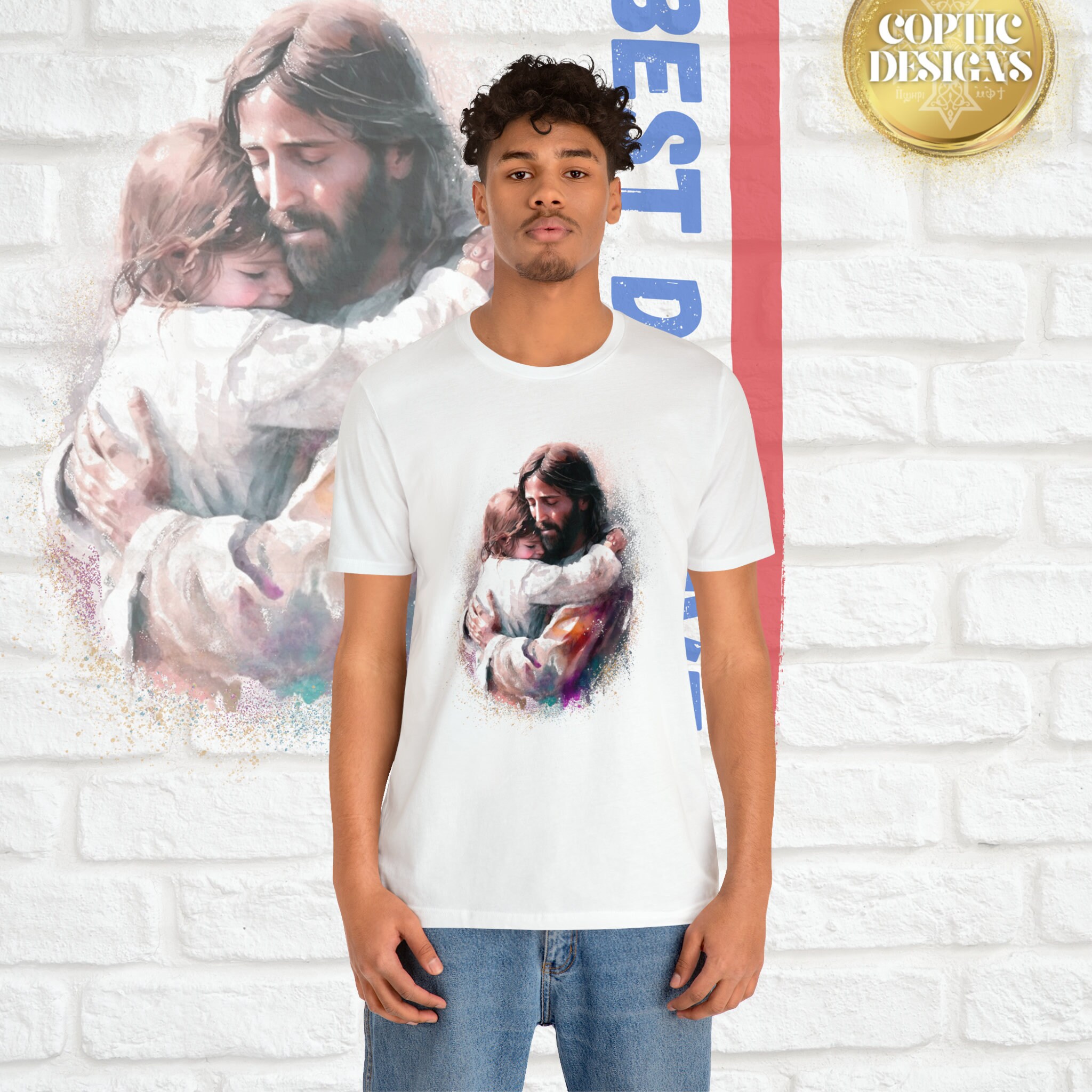Jesus Hugging a Child - Best Dad Ever - Coptic Designs - Unisex Jersey ...
