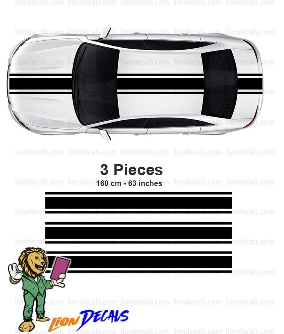 3 Pieces - Stripe Decal - Front Hood Roof - Car Decal - Car Sticker ...