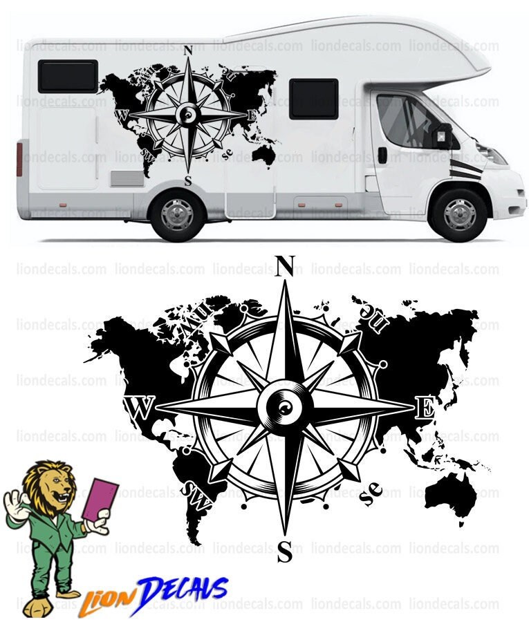 Compass Wolrd Map Caravan Decal. Compass Caravan Sticker. Compass Wolrd ...