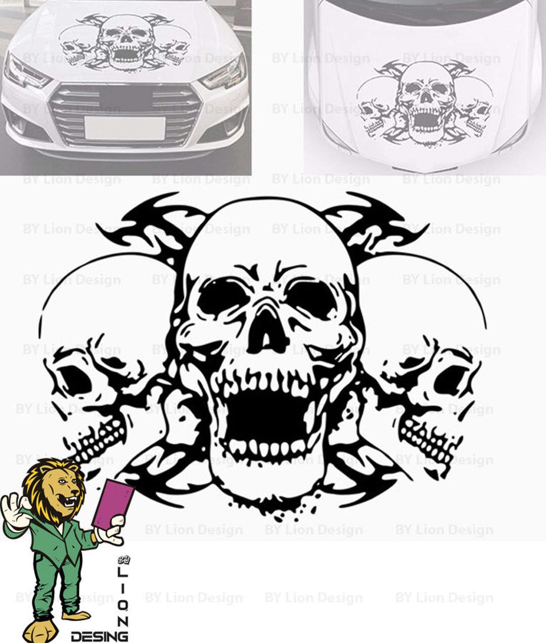 Skull Car Decal. Skull Car Hood Sticker. 3 Dry Heads Car Decal. Skull ...