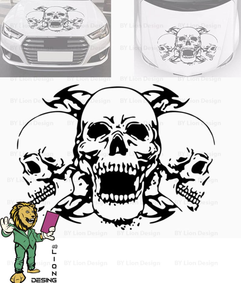 Skull Car Decal. Skull Car Hood Sticker. 3 Dry Heads Car Decal. Skull ...