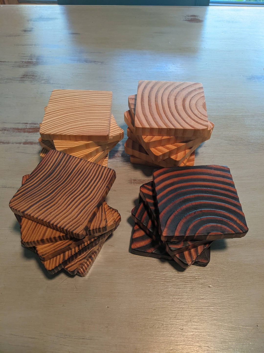 Wooden End Grain Coasters, Natural or Wood Burned Rustic Farmhouse, Set ...
