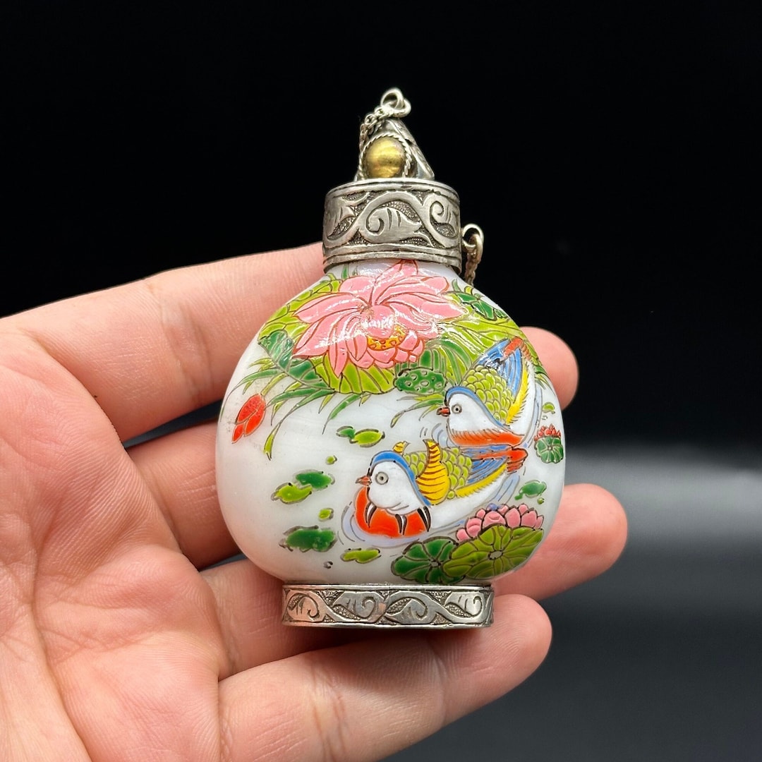Antique Chinese Perfume Bottle Painted Birds and Flowers in Ceramic ...