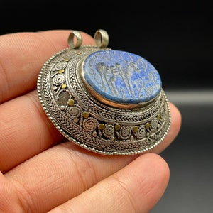 Old Beautiful Handmade Afghani Silver Pendant With Buffalo on Lapis ...