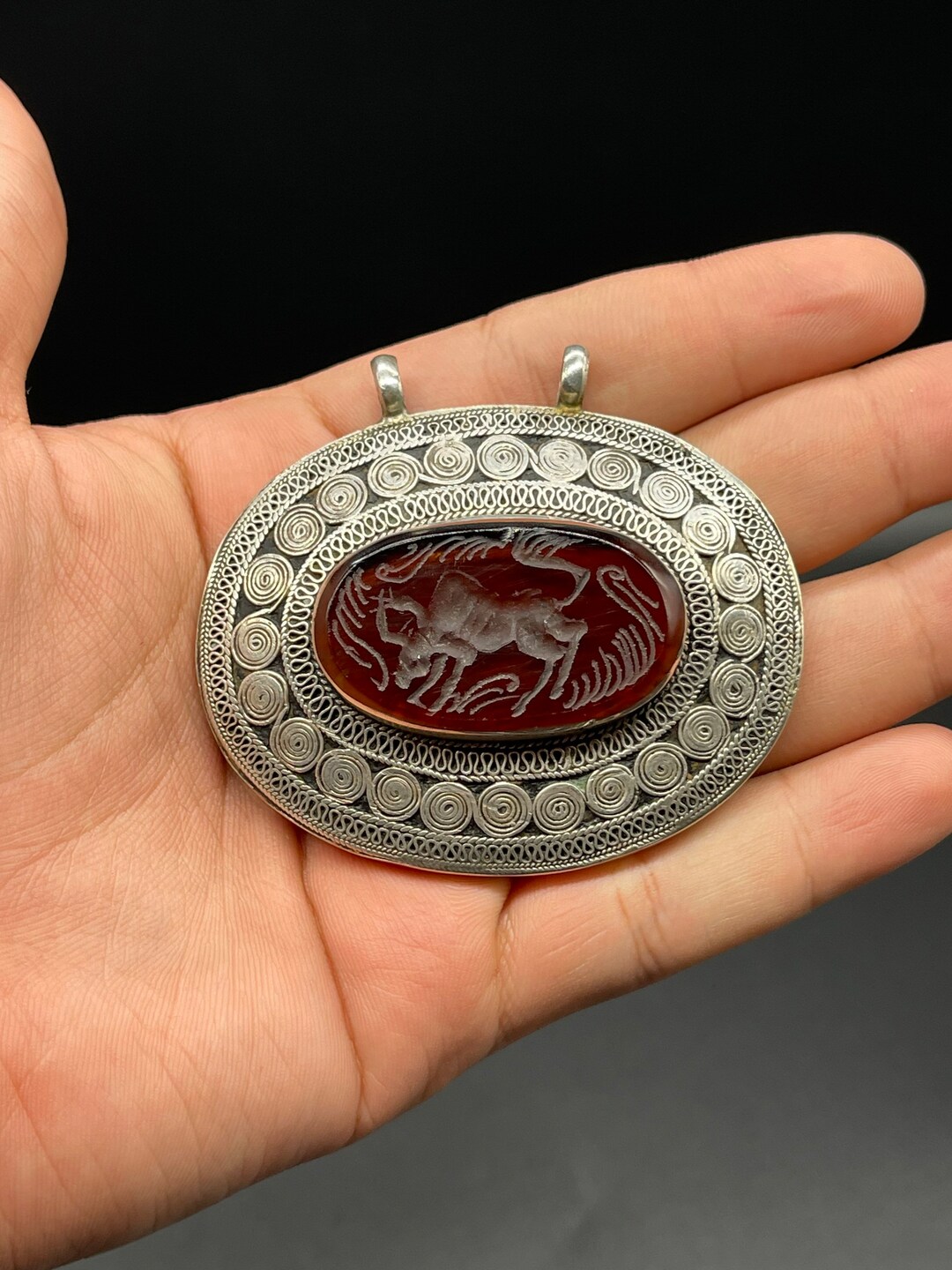 Old Handmade Traditional Afghani Silver Pendant With Buffalo on Agate ...