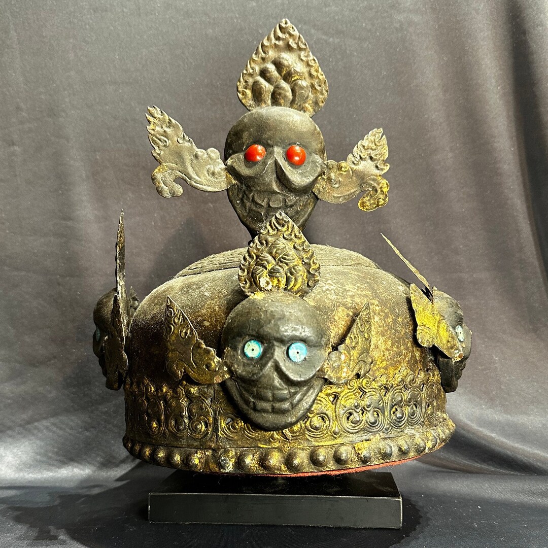 Old Ancient Tibetan Buddhism Bronze Gold Skeleton Devil Skull Head Eyes ...