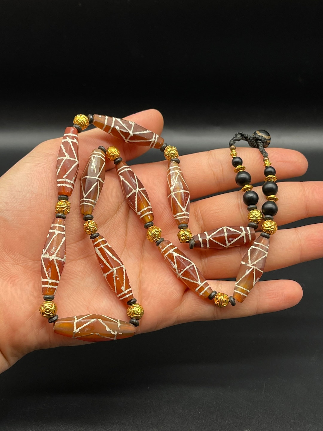 RARE !! Beautiful Pyu Dynasty Old Ancient Buddhist Etched Agate Beads Necklace Gold Plated Beads ...