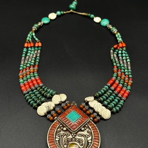 Old Tibetan Necklace With Mix Natural Green Turquoise, Coral Beads ...