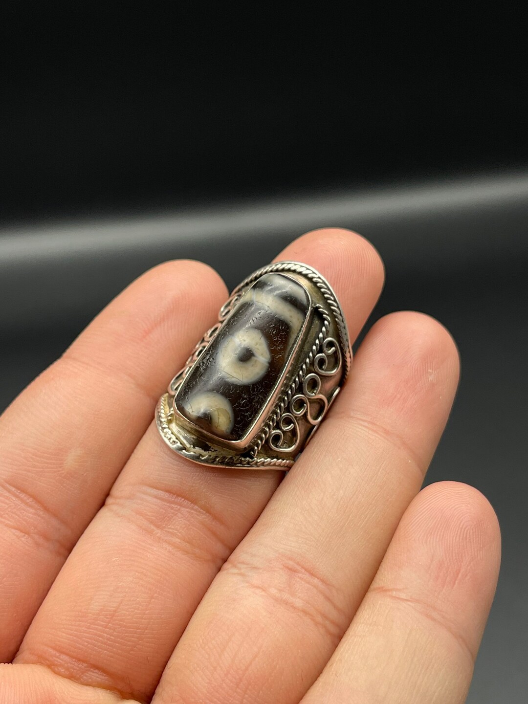 Rare Old Ethnic Tibetan 2 Eye Dzi Bead Ring Sterling Silver With ...