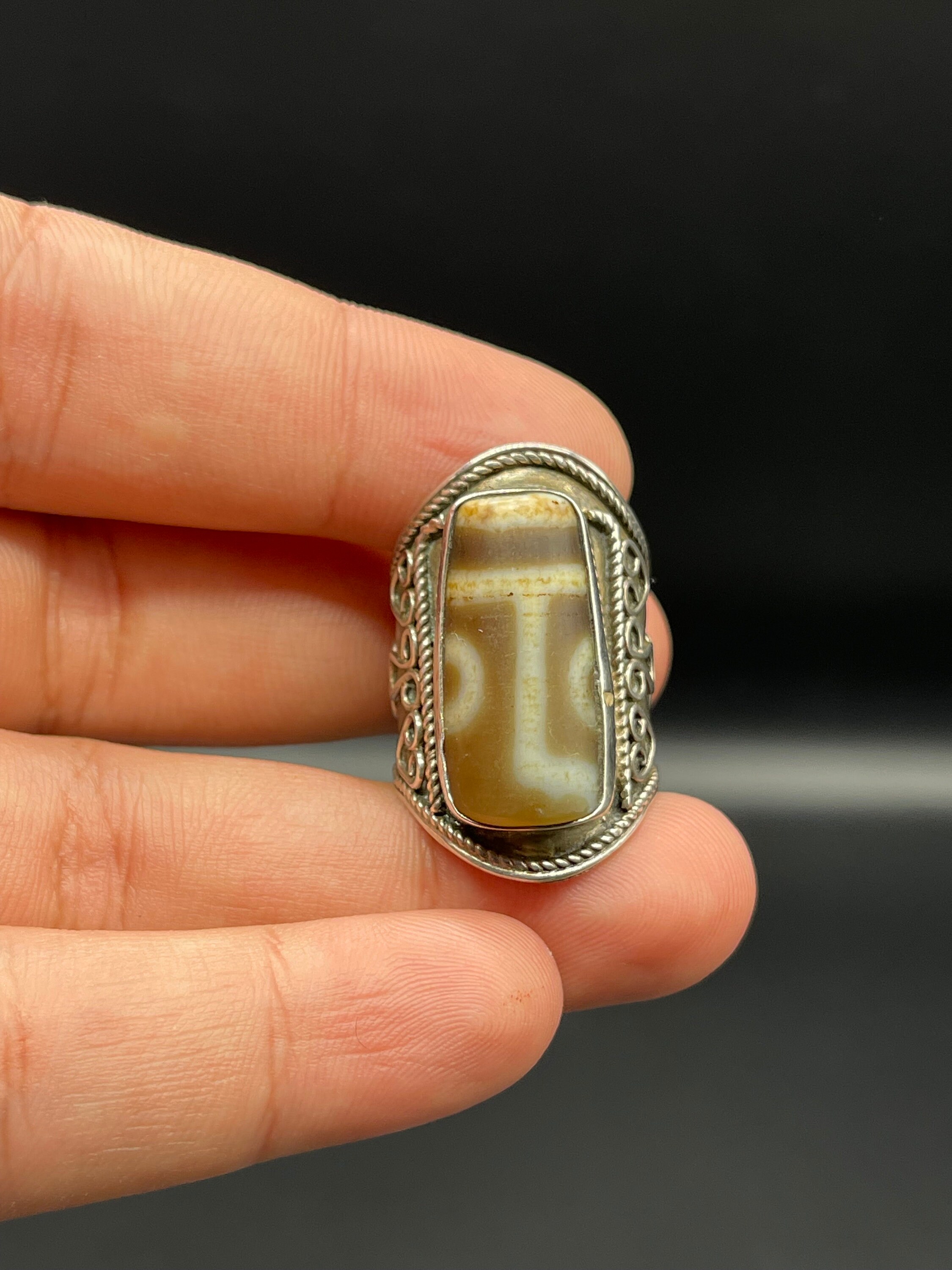 Old Unique Tibetan 2 Eye Chon Dzi Beads With Handmade Sterling Silver ...