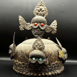 Old Ancient Tibetan Buddhism Bronze Gold Skeleton Devil Skull Head Eyes ...