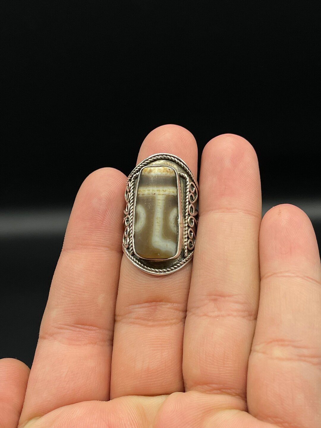 Old Unique Tibetan 2 Eye Chon Dzi Beads With Handmade Sterling Silver ...