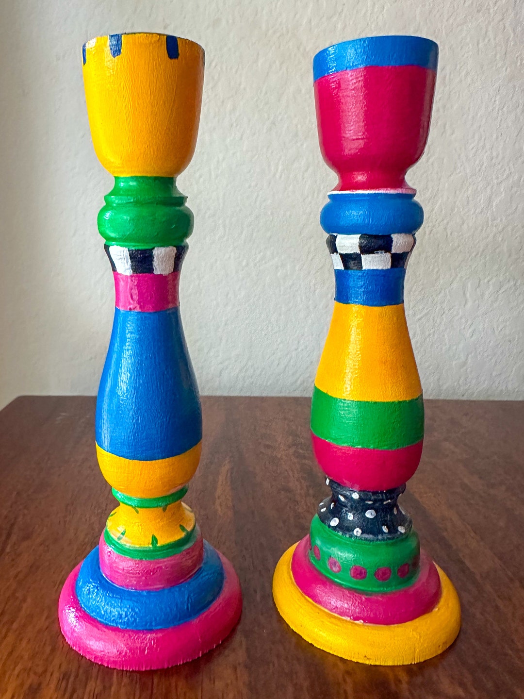 Colorful Painted Candlestick, Colorful Candle Holder, Painted Wood ...