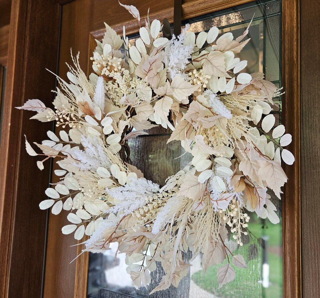 Fall Cream Colored Boho Style Wreath for Front Door With Beige Greenery ...