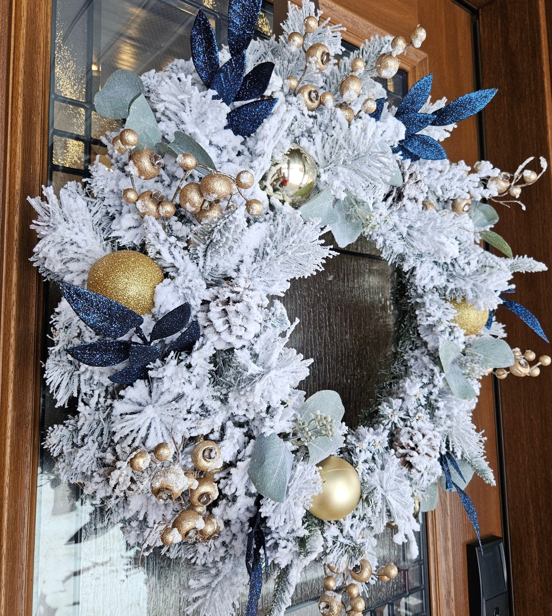 Flocked Blue and Gold Winter and Christmas Wreath for Front Door With ...