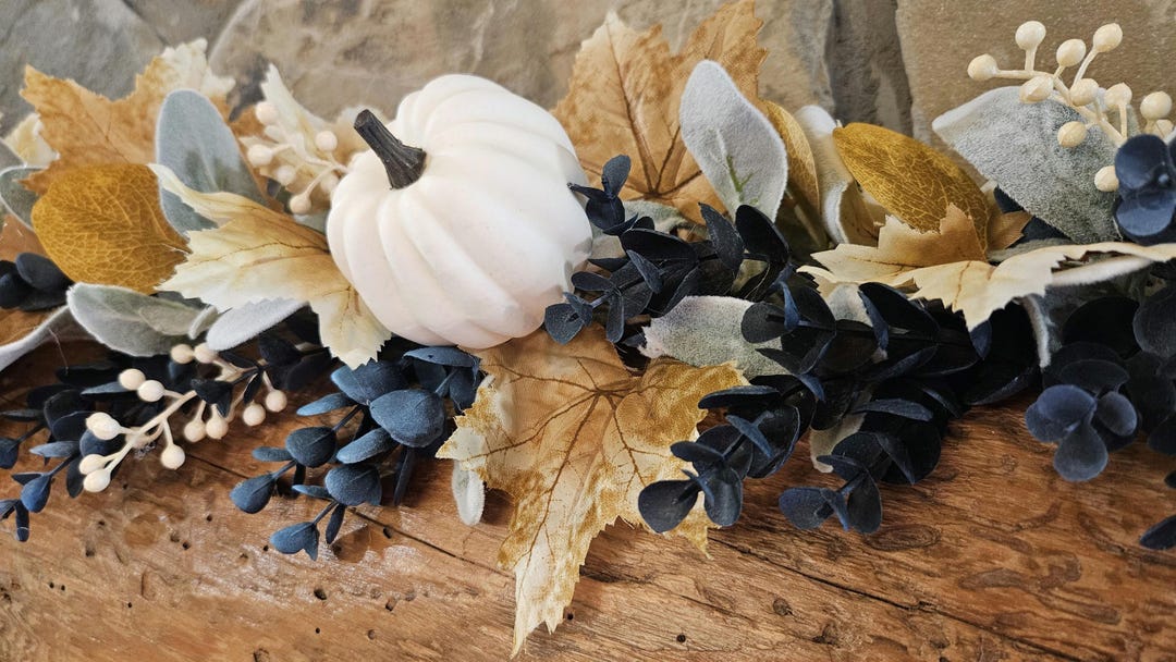 Blue Fall Garland for Mantel, Blue Fall Home Decor, Eucalyptus, Berries ...