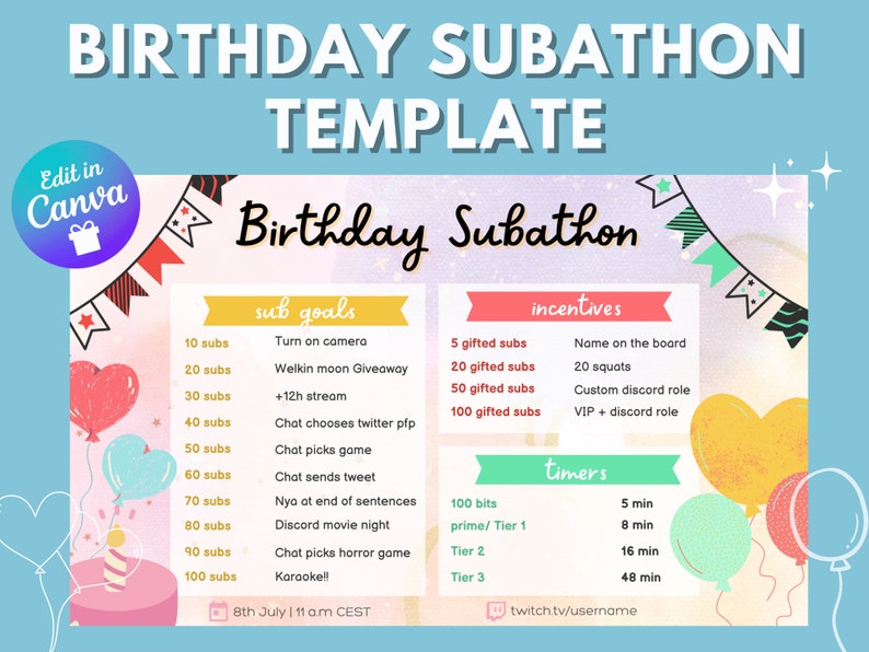Aesthetic Twitch Youtube Birthday Subathon Stream Goals / Canva ...
