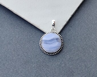 Blue Lace Agate Round Stone Silver Pendant, Round Blue Pendant, Blue ...