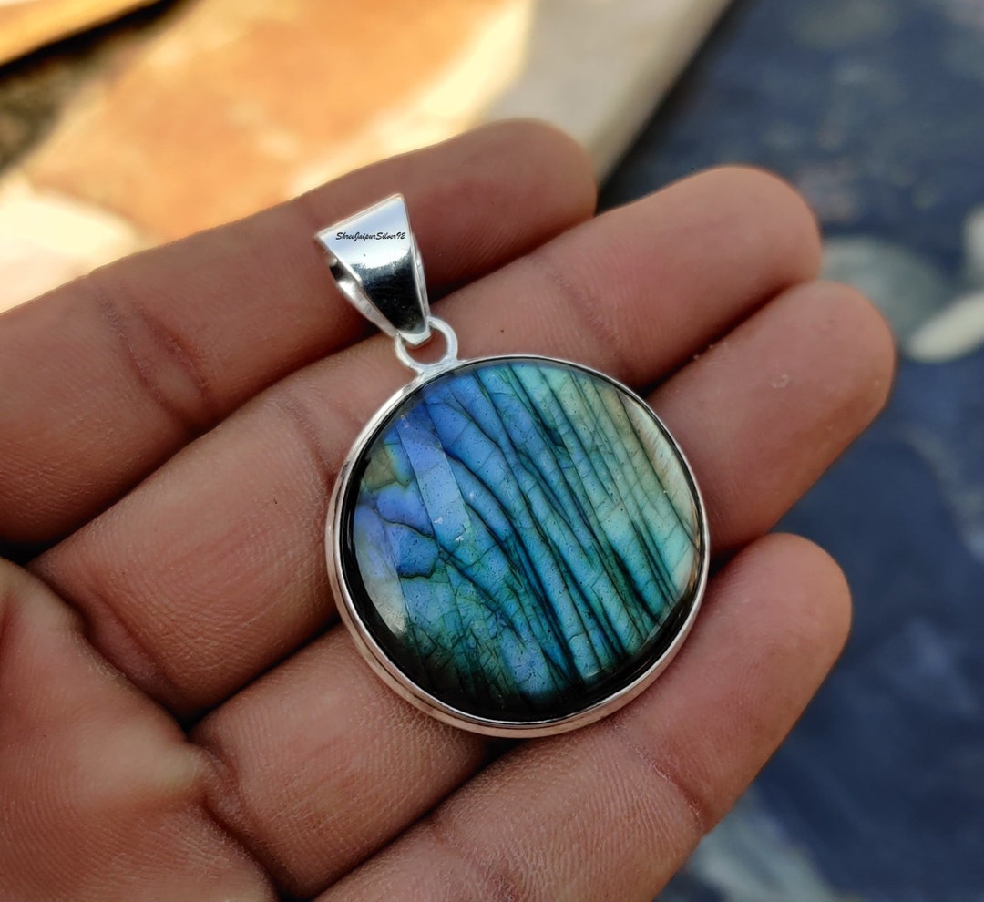 Natural Labradorite Pendant, 925 Sterling Silver Pendant, Round ...