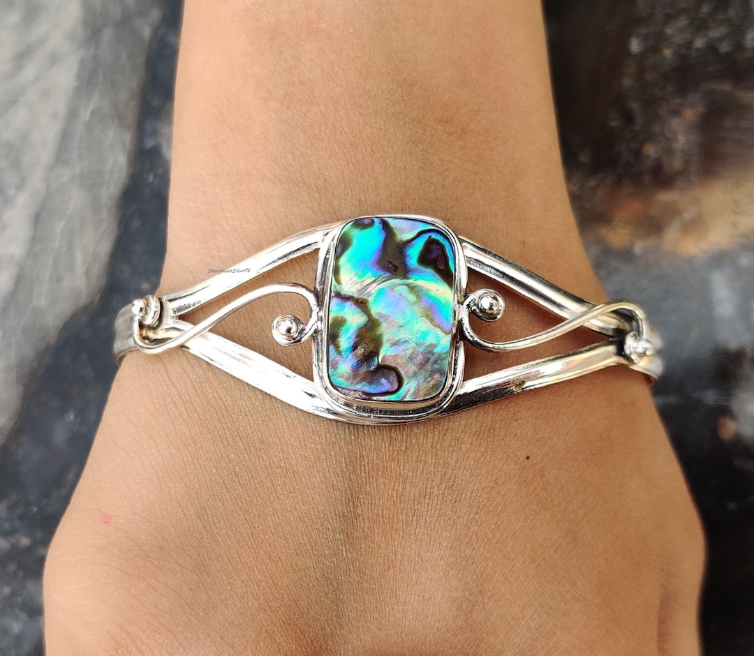 Lovely Natural Rainbow Abalone Shell Gemstone Bangle -handmade Silver ...