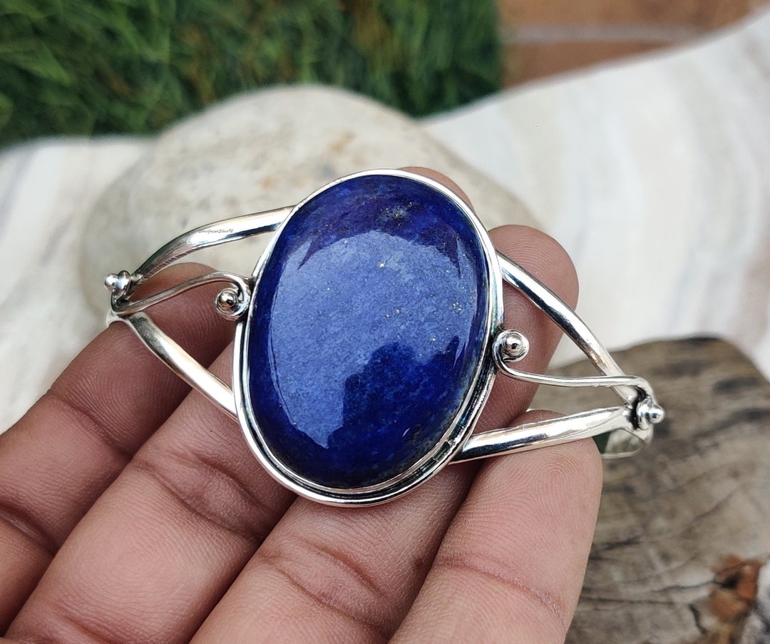 Unique Lapis Lazuli Gemstone Bangle 925 Sterling Silver Adjustable ...