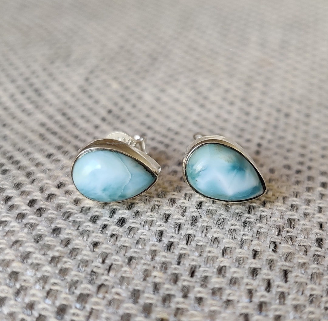 Larimar Earrings in Sterling Silver, Dainty Earrings, Minimal Earrings, Tiny Studs, Teardrop ...