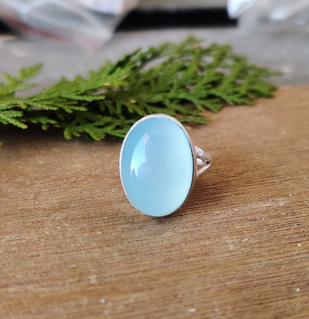 Natural Blue Chalcedony Ring, 925 Sterling Silver Ring, Oval Chalcedony Ring, Handmade Silver ...