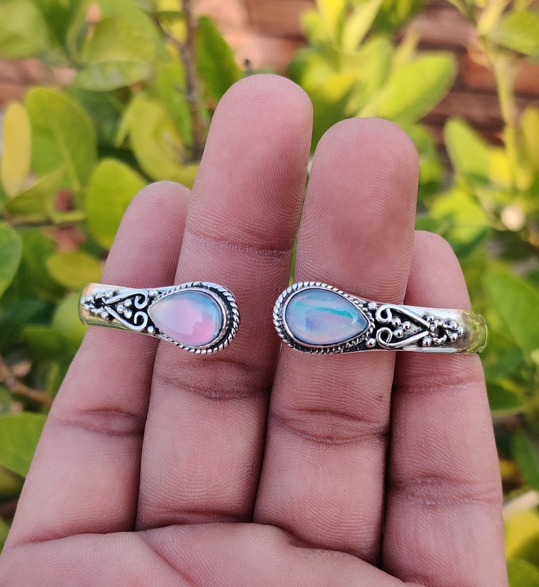 Opal Silver Cuff Bangle, 925 Silver Gemstone Cuff, Wrist Bracelet for Women & Girls, Sky Aurora ...
