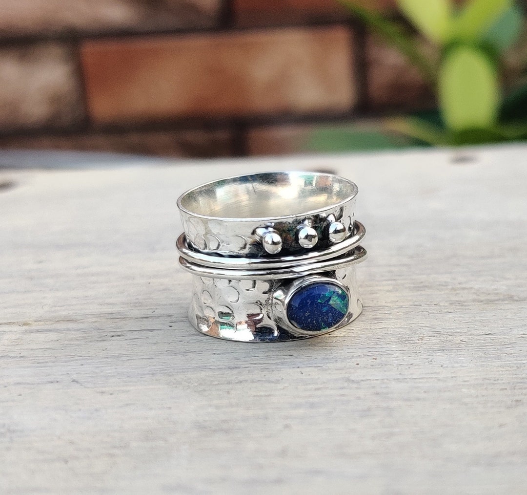 Hammered Solid Pure Silver Australia Opal Gemstone Spinner Ring Opal ...