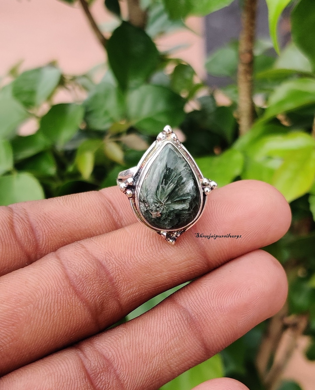 Seraphinite Ring, Green Seraphinite Ring, Pear Shape Stone Ring ...