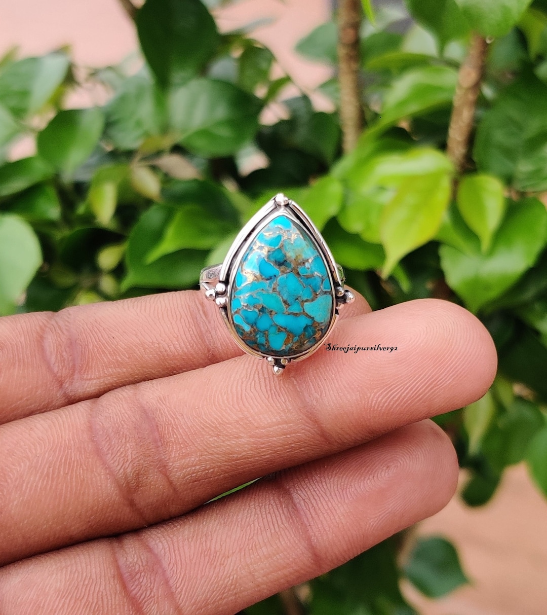 Anillo turquesa de cobre azul, anillo hecho a mano, anillo de plata de ...