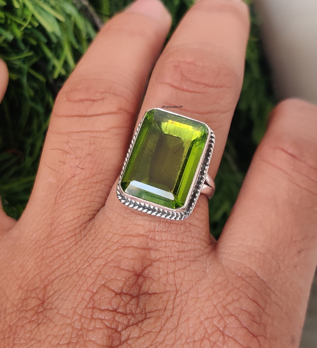 Peridot Silver Ring, 925 Sterling Silver Rectangle Shape Gemstone Ring ...