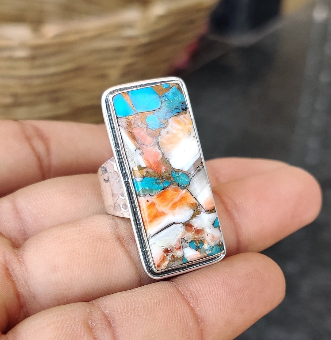 Oyster Copper Turquoise Rectangle Shape Gemstone Silver Ring | 925 ...
