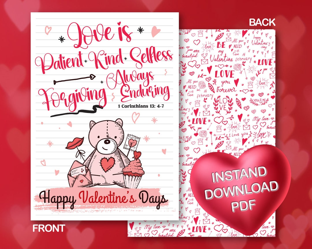 Christian Valentine Card 5x7 Printable With Adorable Teddy Bear Love ...