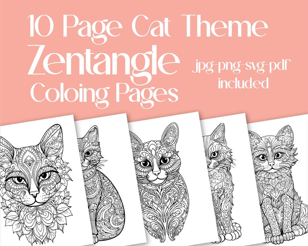 Zentangle Cat Coloring Pages Printable, Cricut Project for Cat Lovers ...