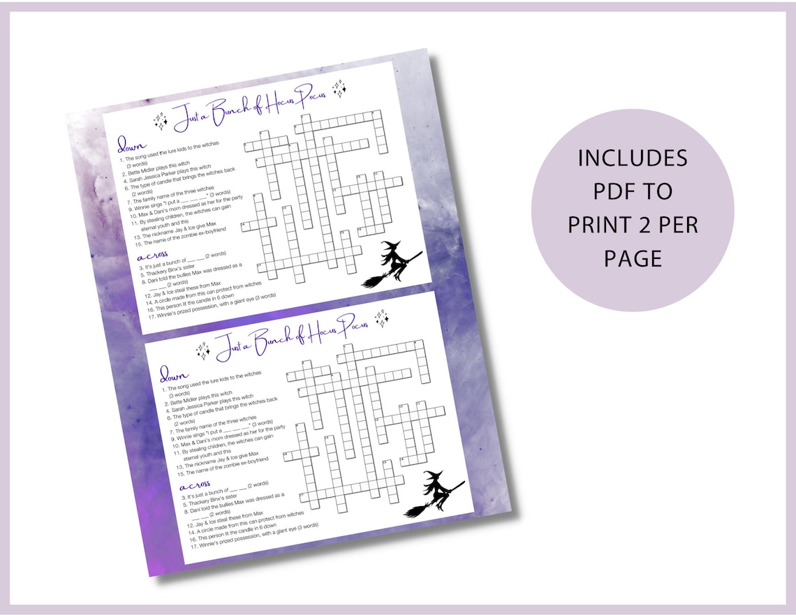 Hocus Pocus Party Crossword Puzzle Printable | Trivia | Halloween Game ...