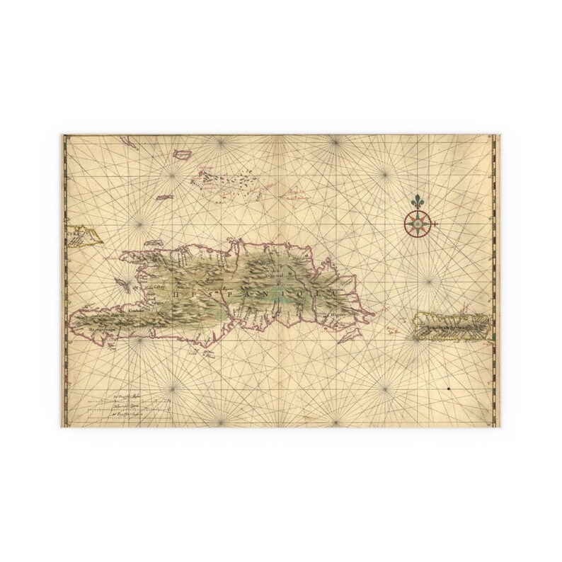 1639 Map of Hispaniola and Puerto Rico Islands Vintage Reproduction ...