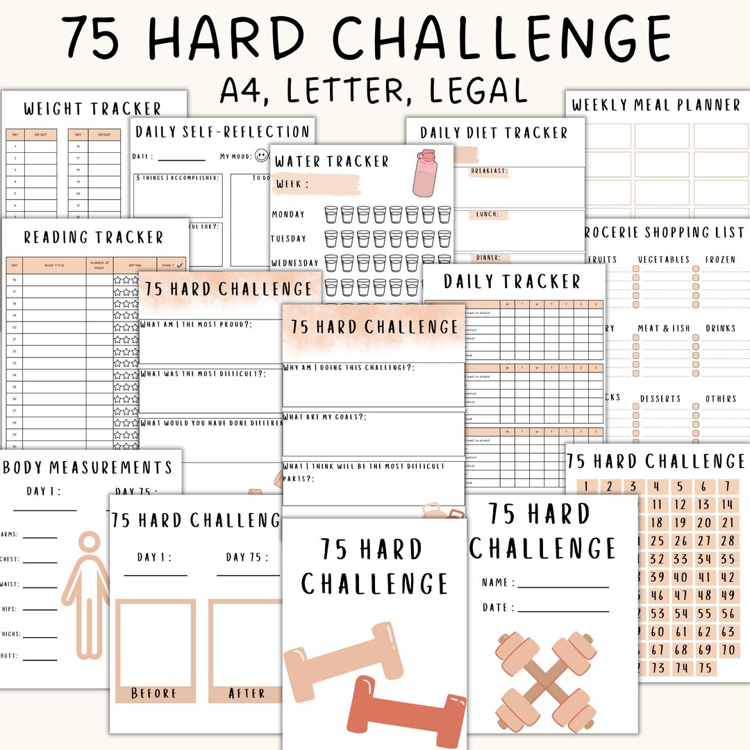 75 Hard Challenge Tracker, 75 Hard Challenge, Fitness Planner, Fitness ...