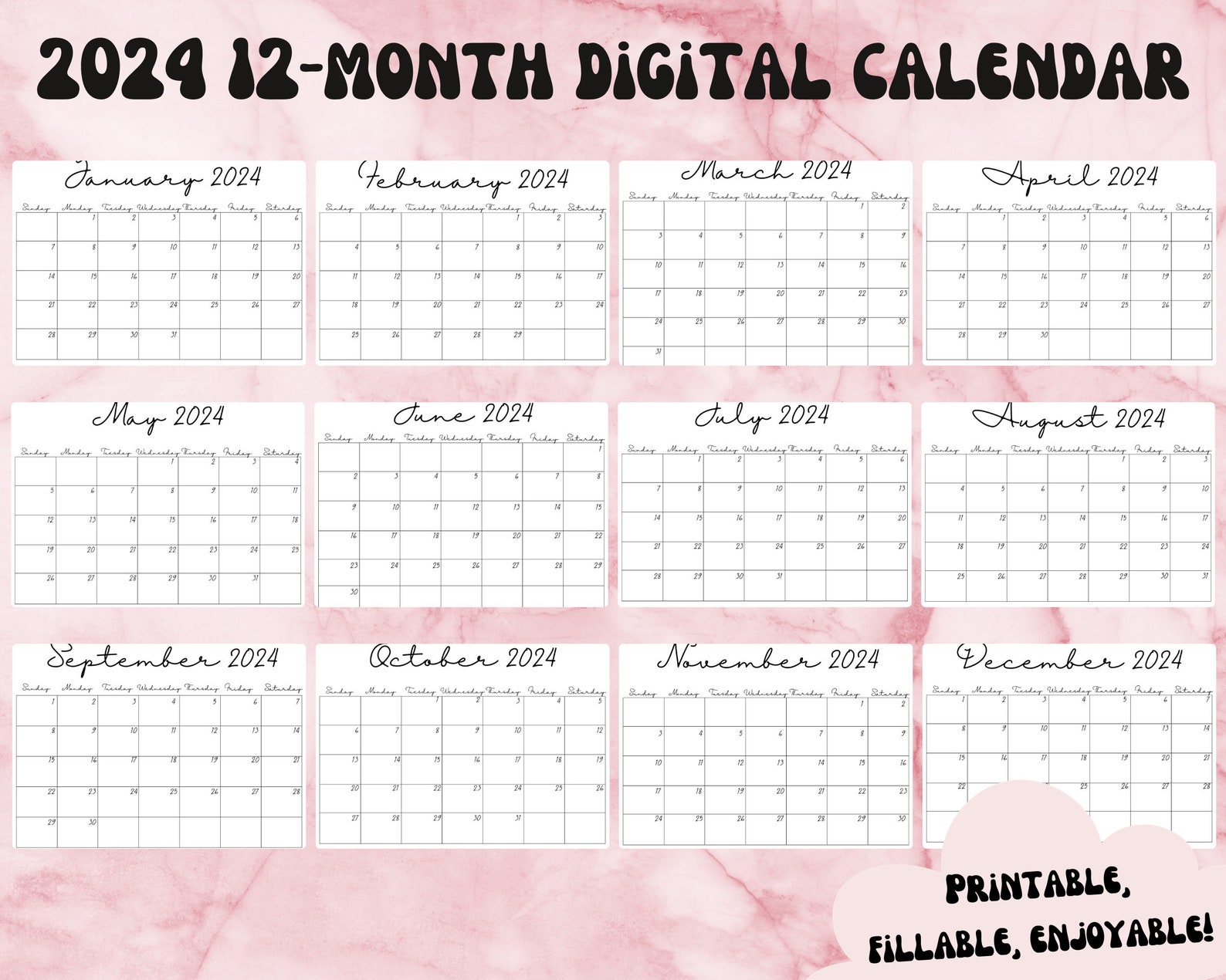 12 Month Calendar, Printable, Elegant, Digital Calendar, 2024 Calendar ...